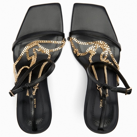 Zara | Shoes | Zara Chain Trim Heeled Leather Sandals | Poshmark